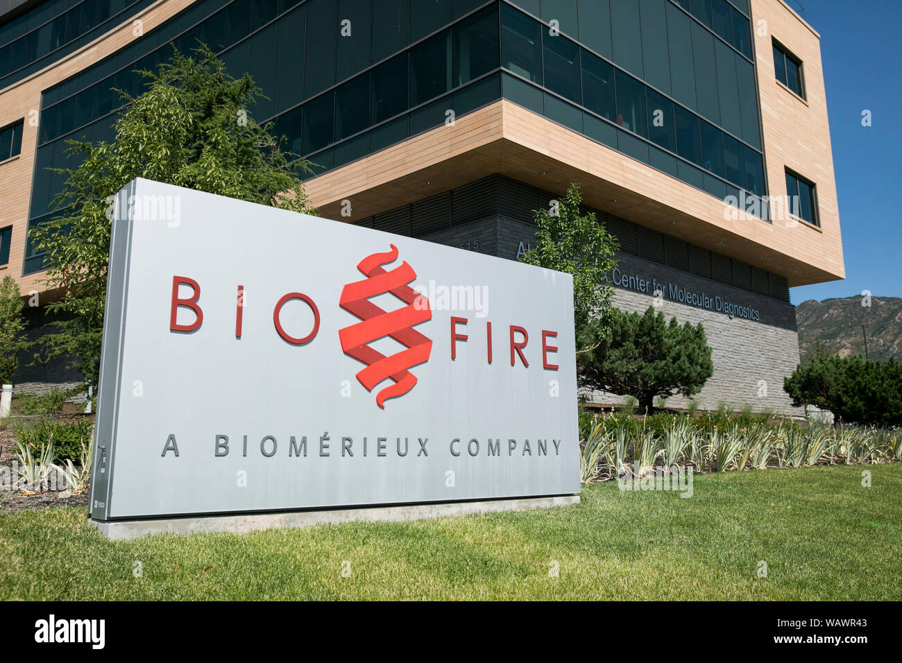 A logo sign outside of the headquarters of BioFire Diagnostics in Salt Lake City, Utah on July ...