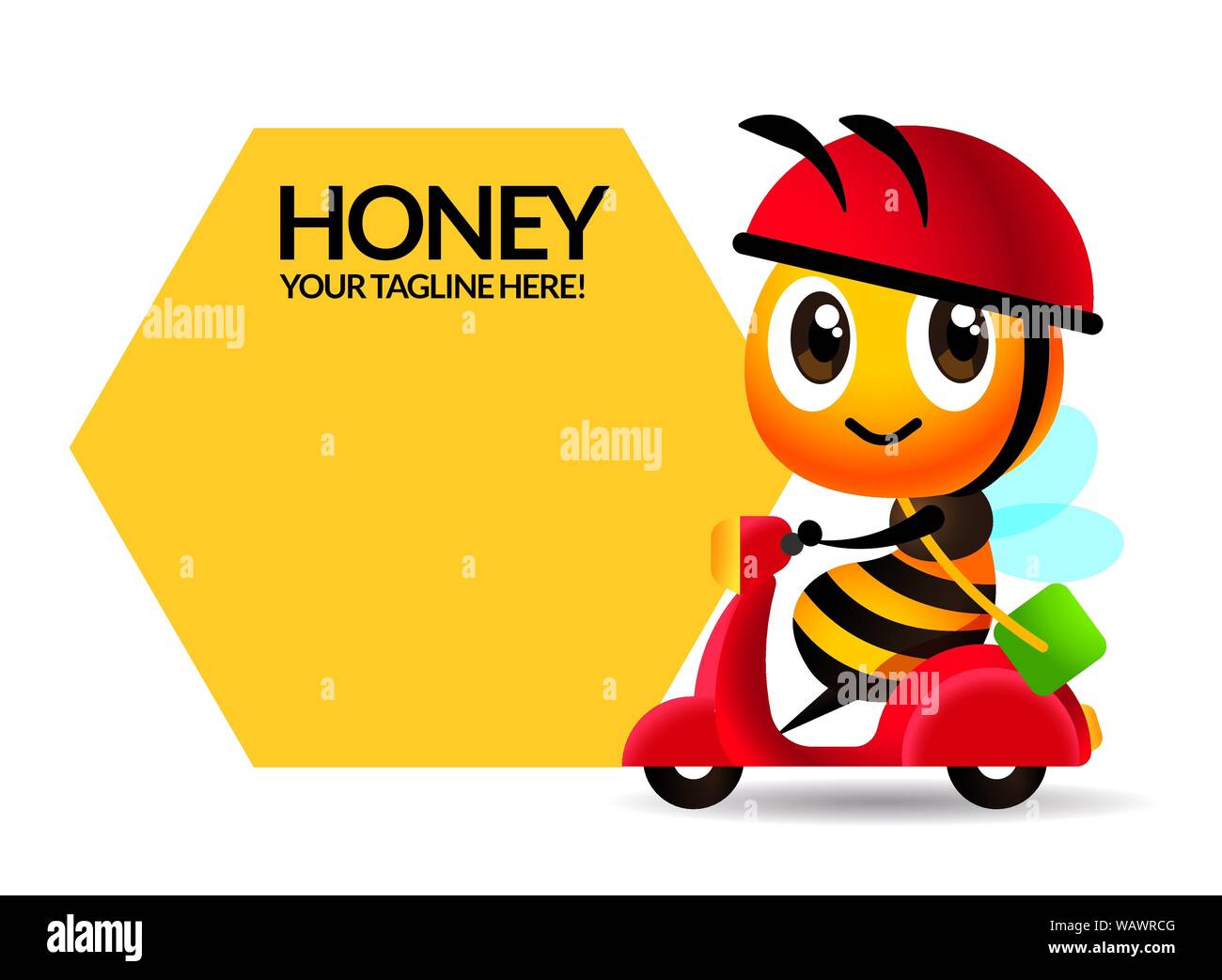 Cartoon cute bee rides scooter delivery with big signage or signboard ...