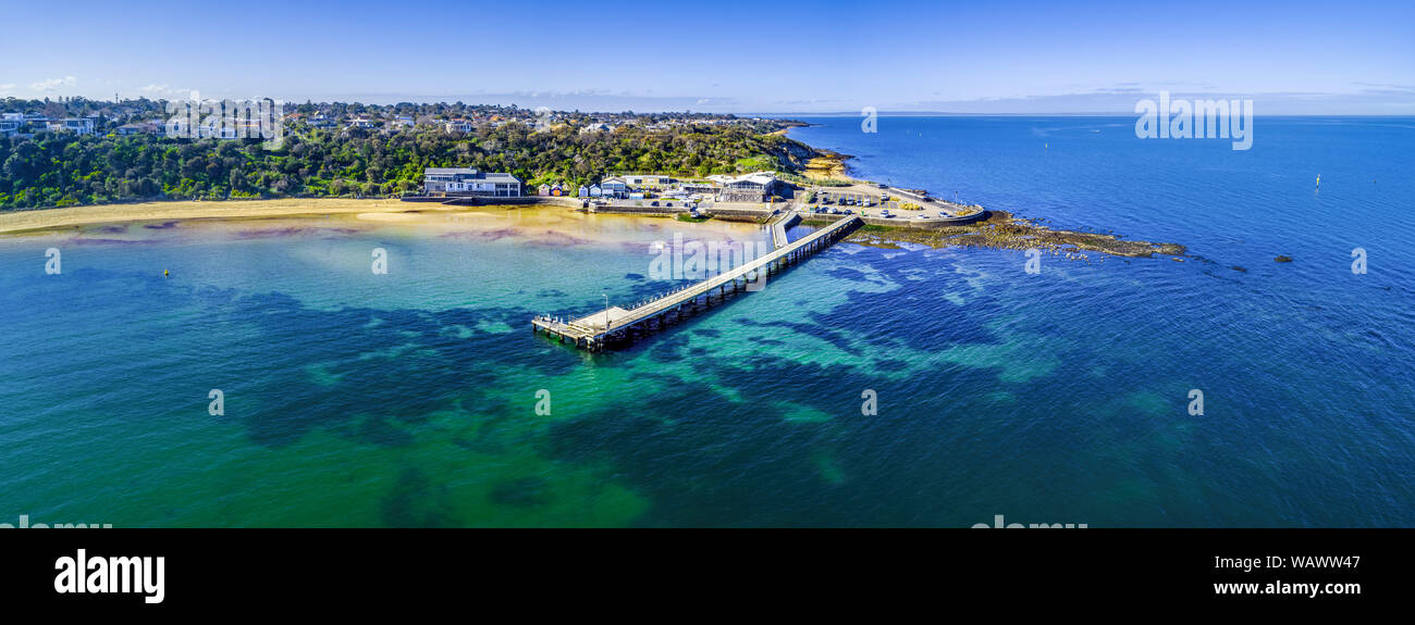 Black Rock Wharf and The Cerberus Beach house - aerial panorama Stock ...