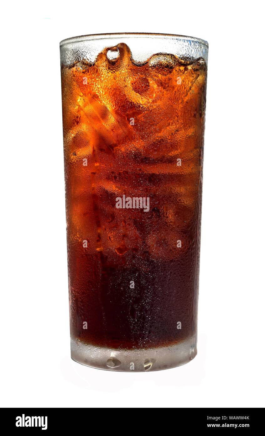 Cola with ice cubes , The glass surface filled with drops of water ...