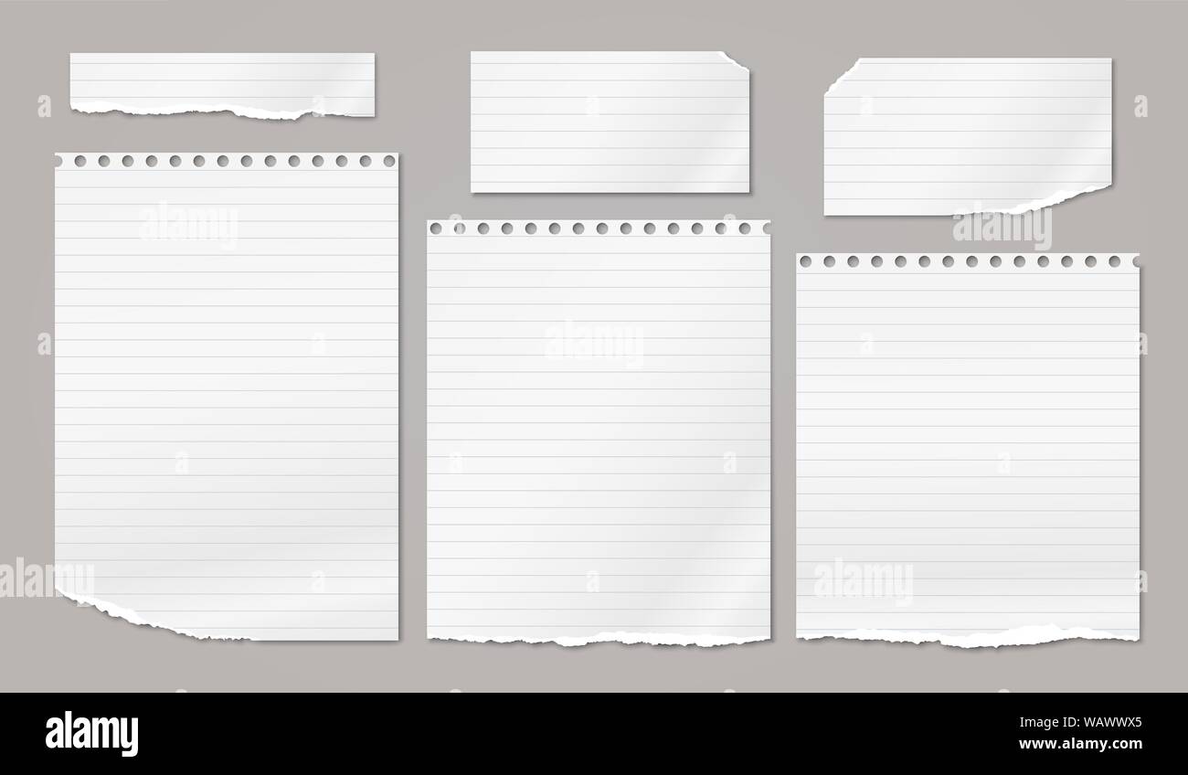 Set of torn white note, notebook strips, paper pieces with soft shadow ...