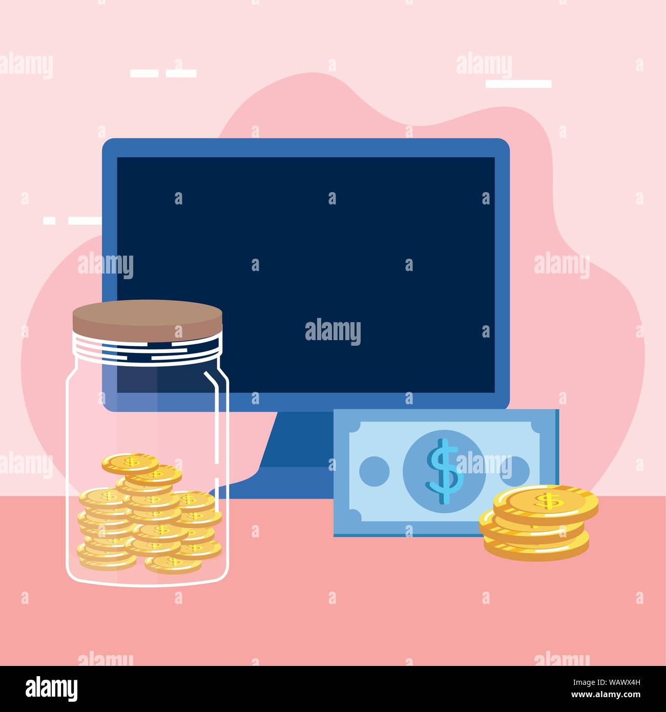 desktop computer with bills and coins Stock Vector Image & Art - Alamy