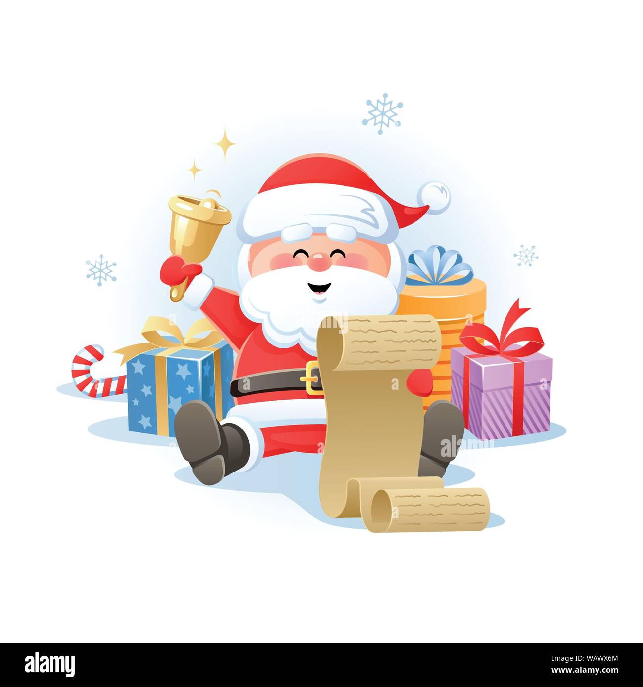 Merry Santa Claus holding Christmas wish list with golden bell and ...