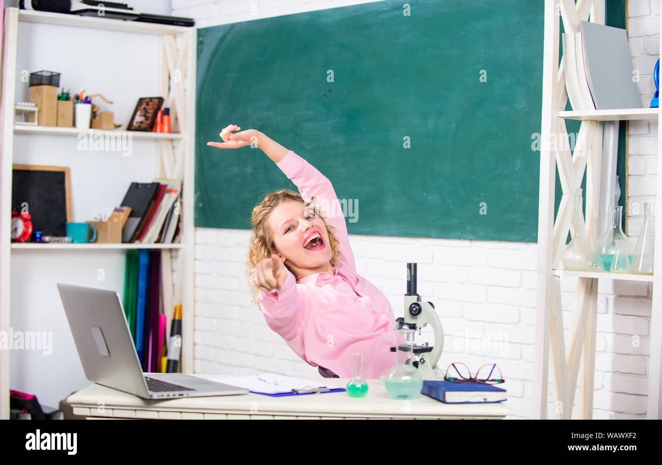 Teacher adorable woman try to relax in classroom. Just relax. Find way ...
