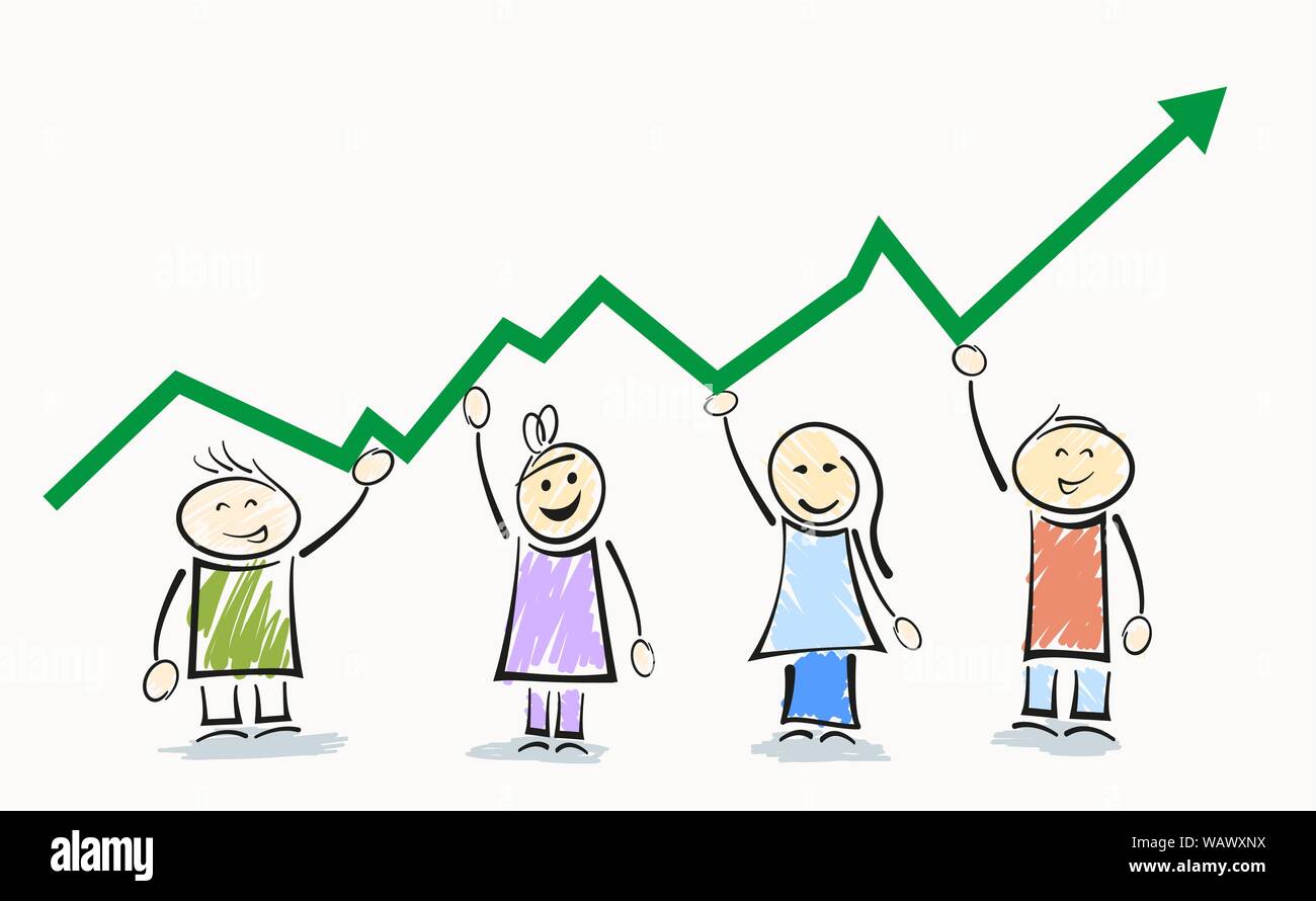 smiling stickman characters holding upward sloping curve, business ...
