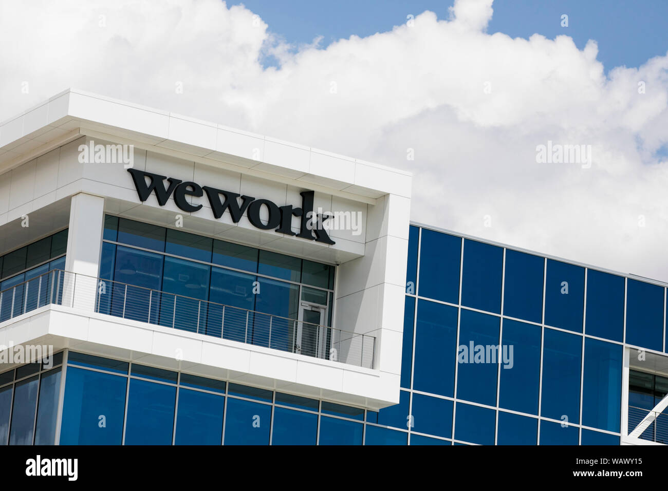 A logo sign outside of a WeWork office building in Lehi, Utah on July ...