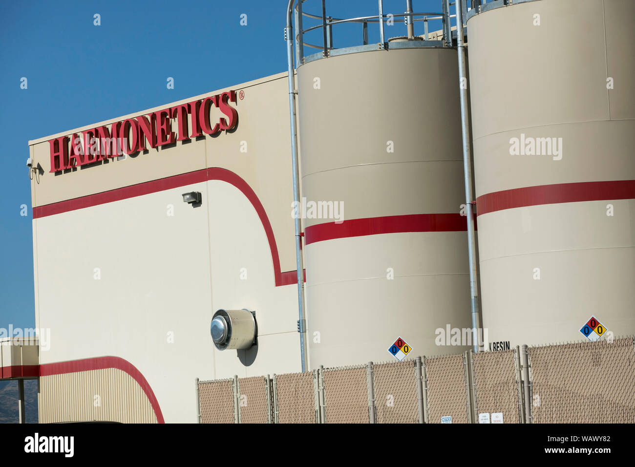 A logo sign outside of a facility occupied by the Haemonetics ...