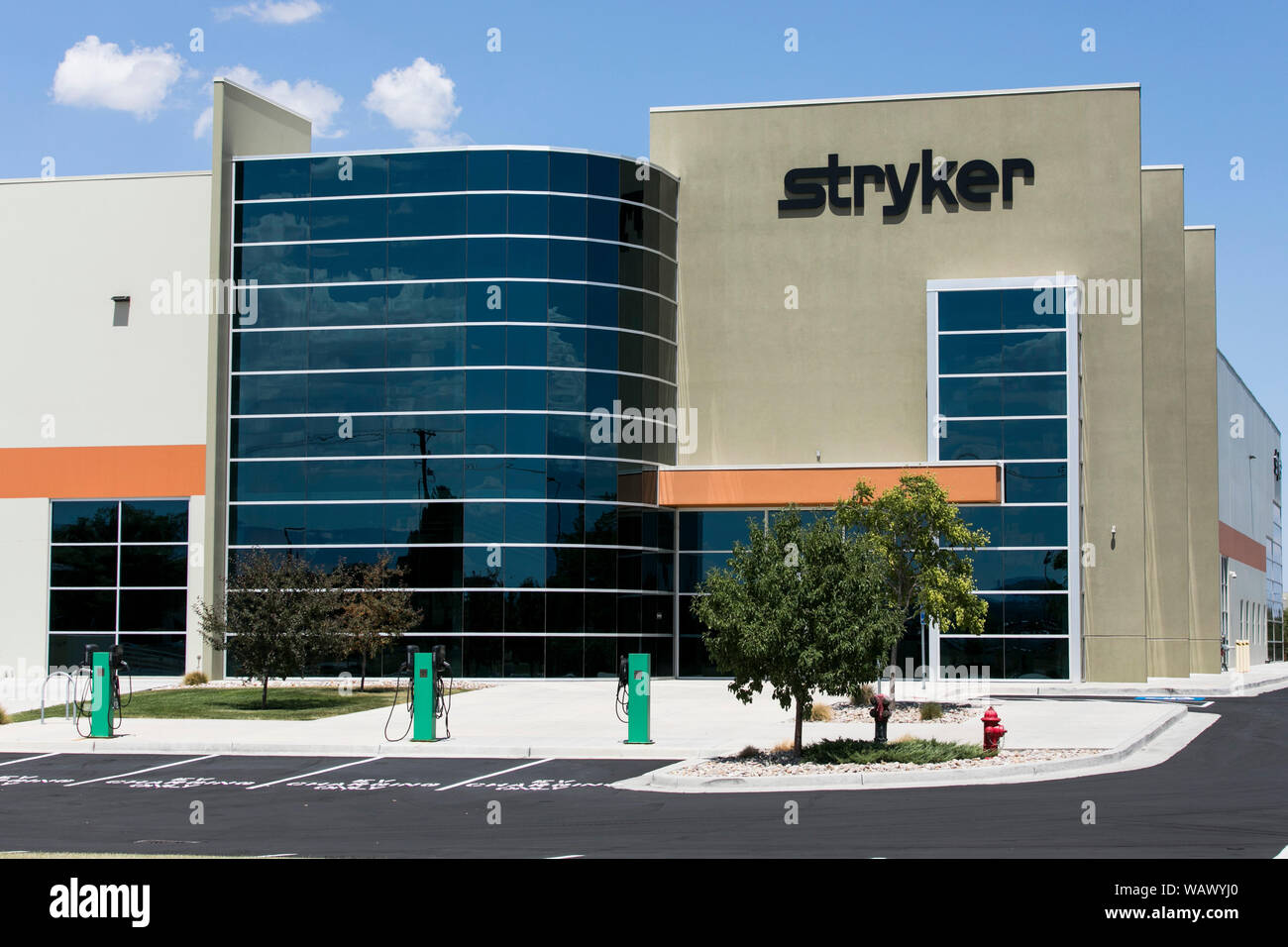 A logo sign outside of a facility occupied by the Stryker Corporation ...