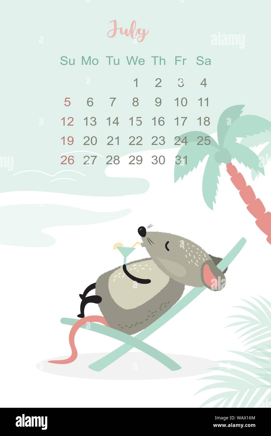 July month 2020 template design. Calendar 2020 with funny and cute rat ...