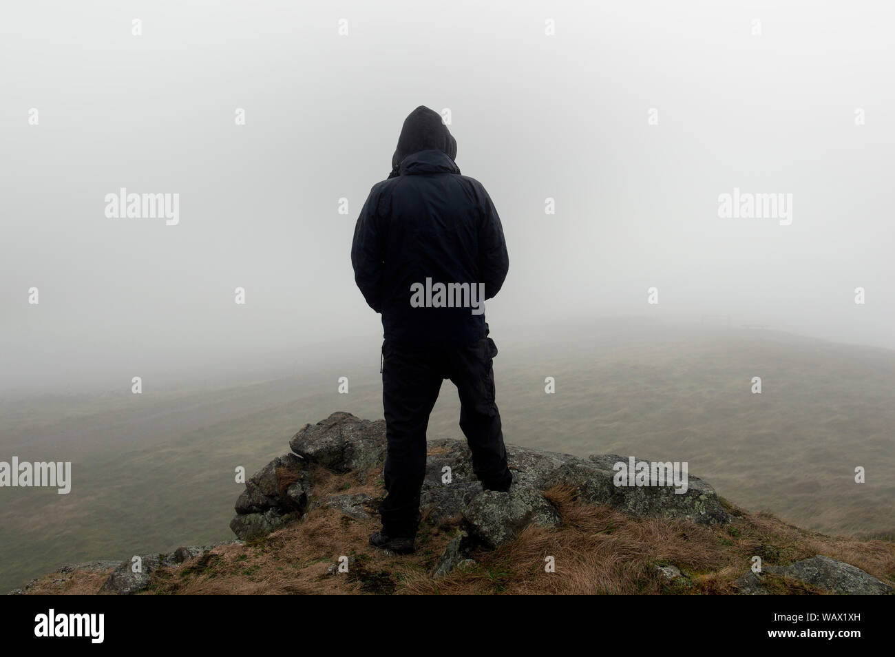 Looking at the back of a hooded figure looking out on a moody foggy ...