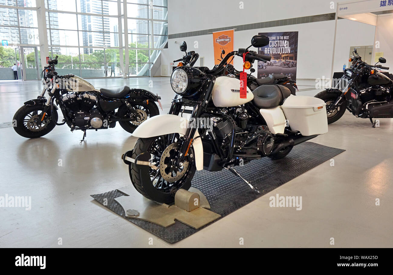 KAOHSIUNG, TAIWAN -- AUGUST 3, 2019: Harley Davidson motorcycles are on ...