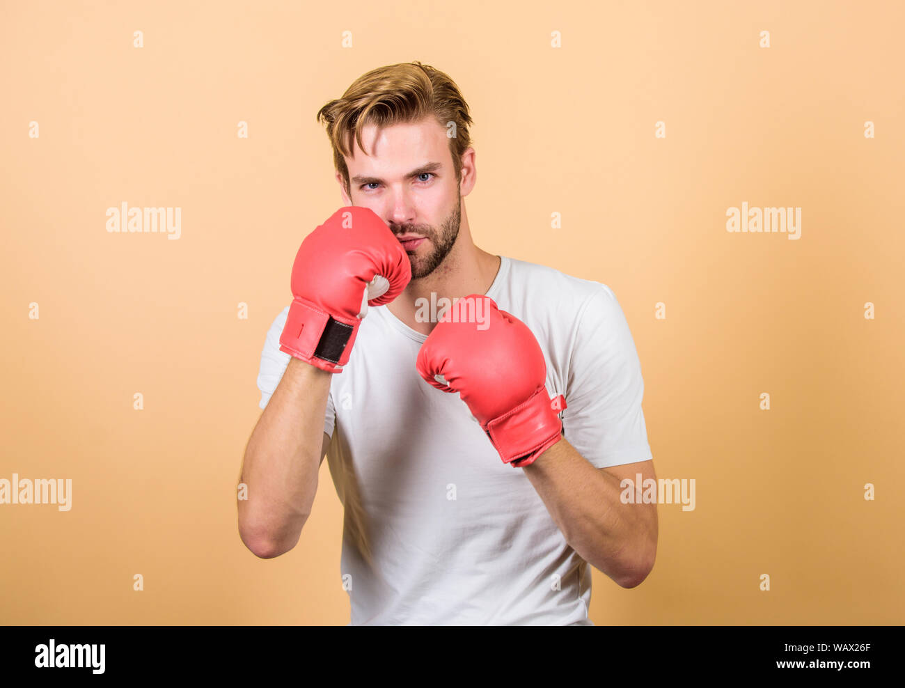 Strong muscles equal weapon. Motivated for victory. Sportsman boxer ...