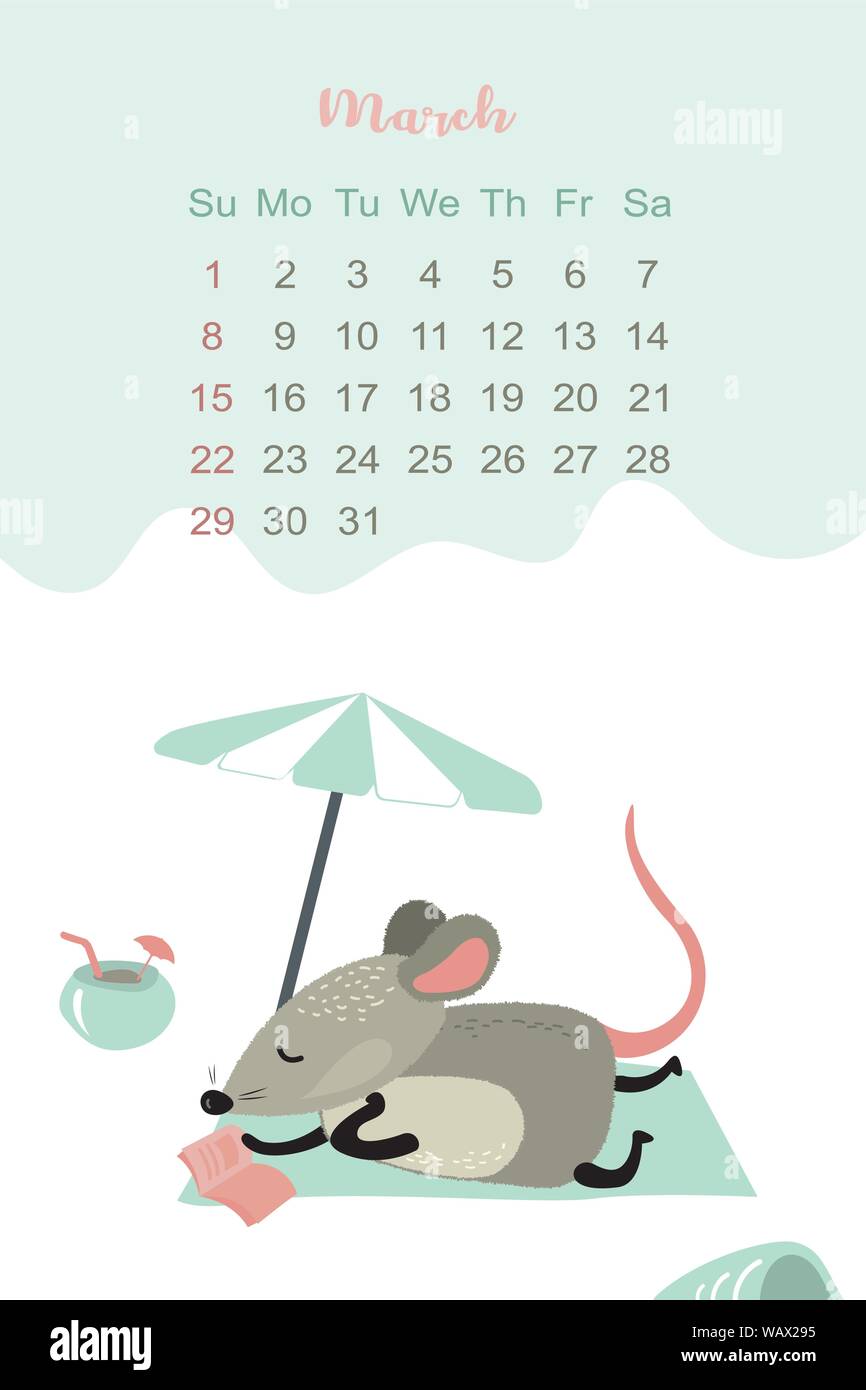 March month 2020 template design. Calendar 2020 with funny and cute rat ...