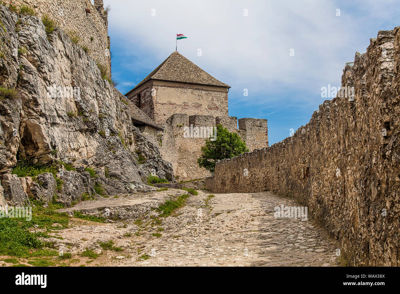 Ancient knight's castle in Hungary. Watchtower and fortress wall Stock ...