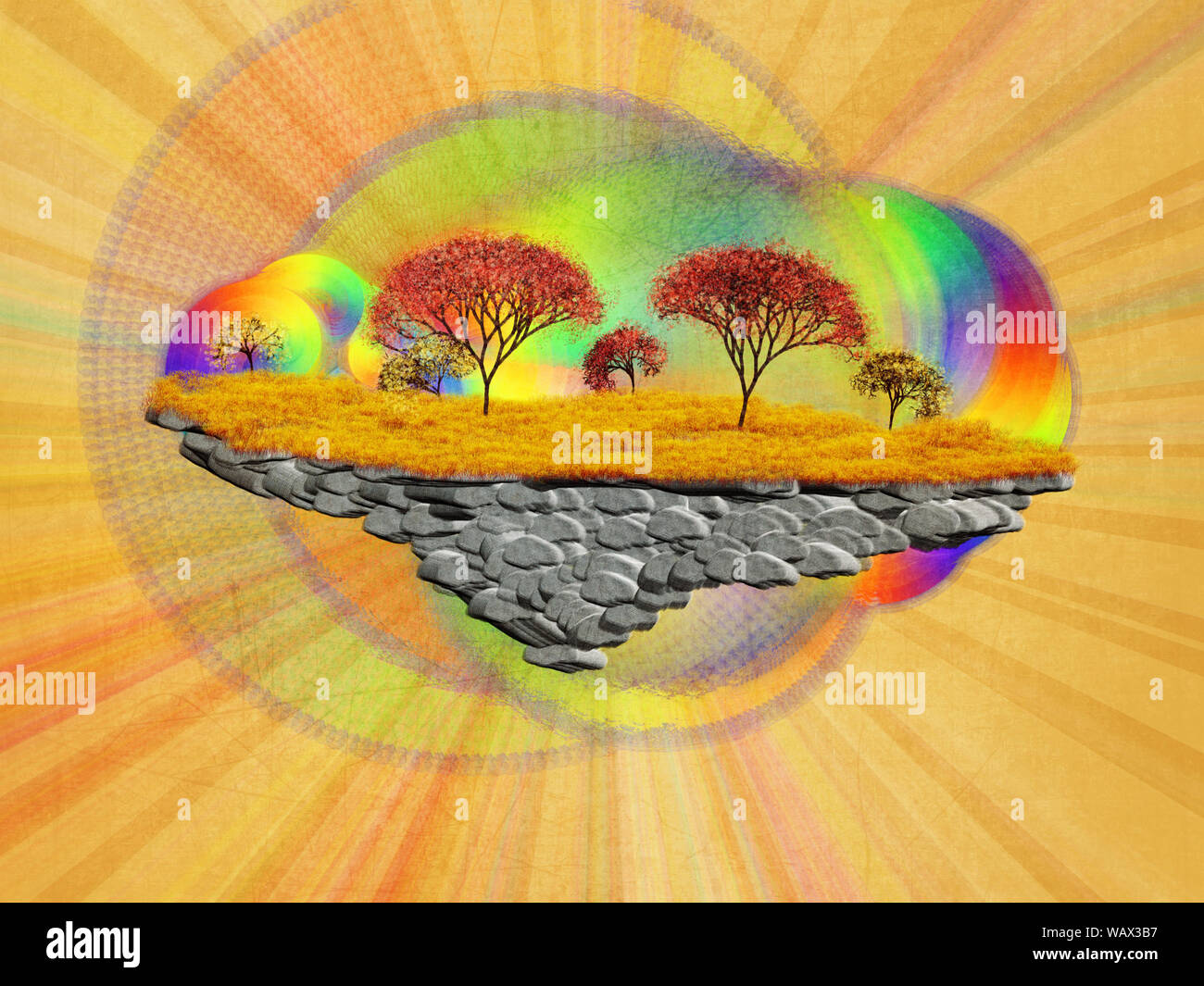 Illustration of abstract floating autumn island on paper background ...