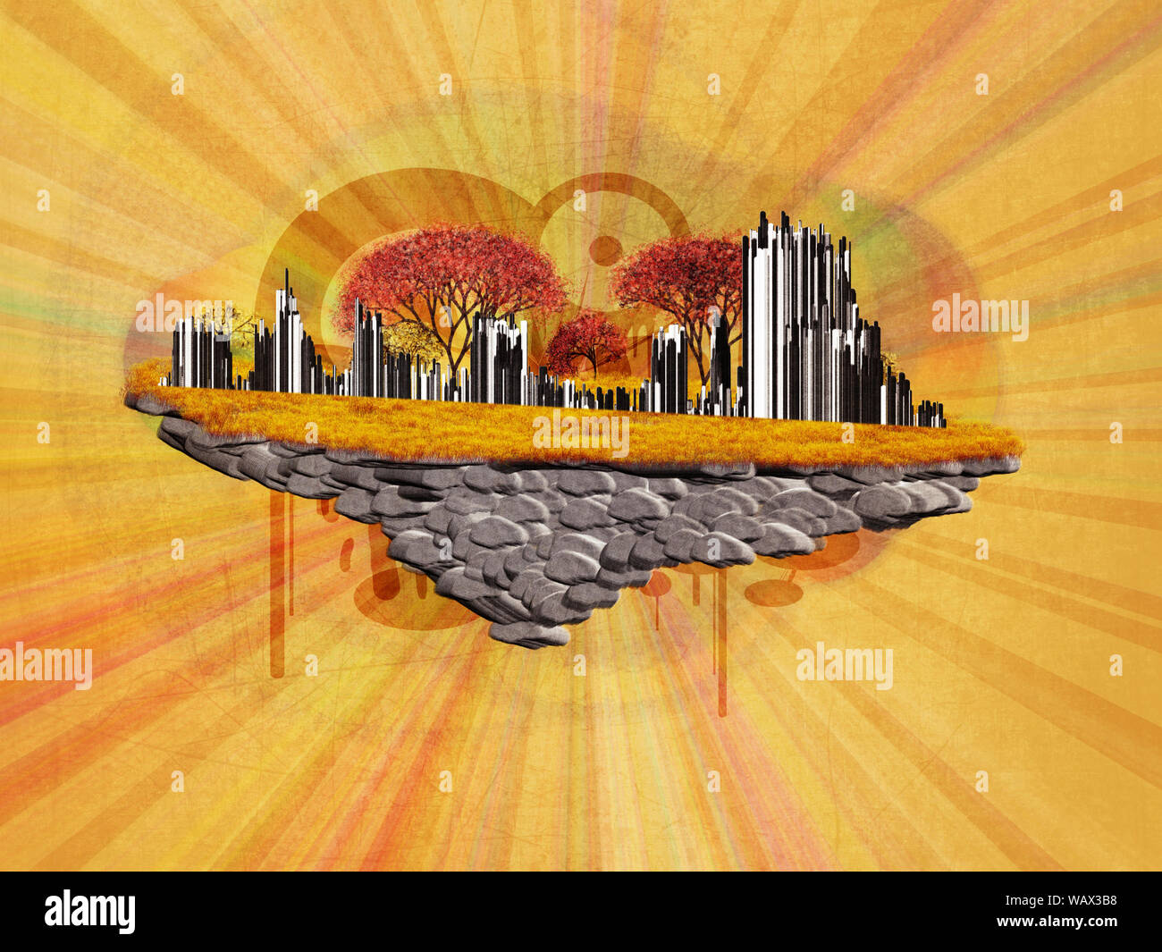 Illustration of abstract floating autumn island on paper background ...