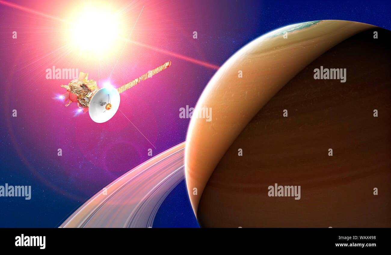 View of the planet Saturn with rings. Cassini probe in exploration ...