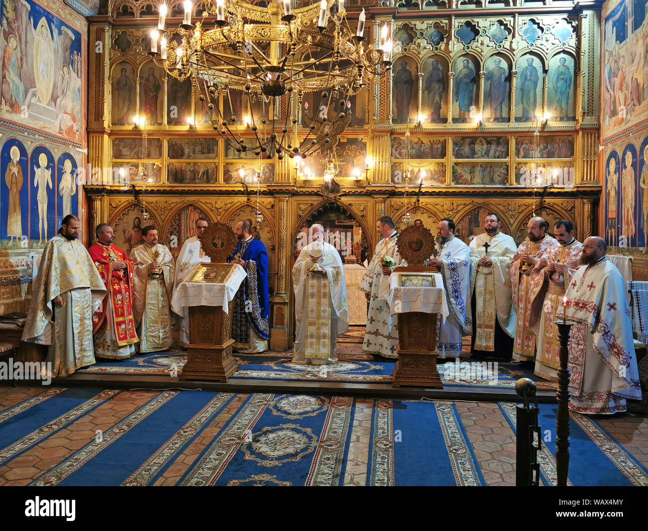 SUCEAVA. ROMANIA - JULY 29, 2019: Orthodox priests inside church during ...