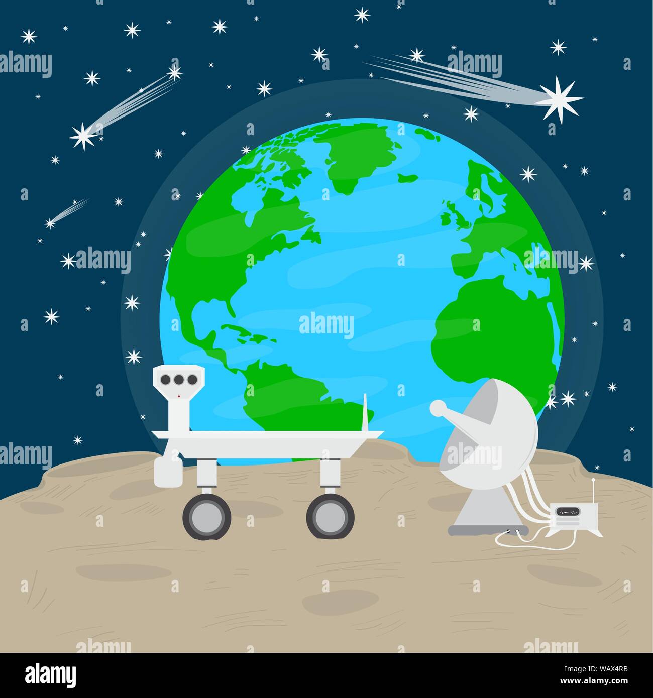 Satellite antenna and space rover on the moon and the earth planet ...