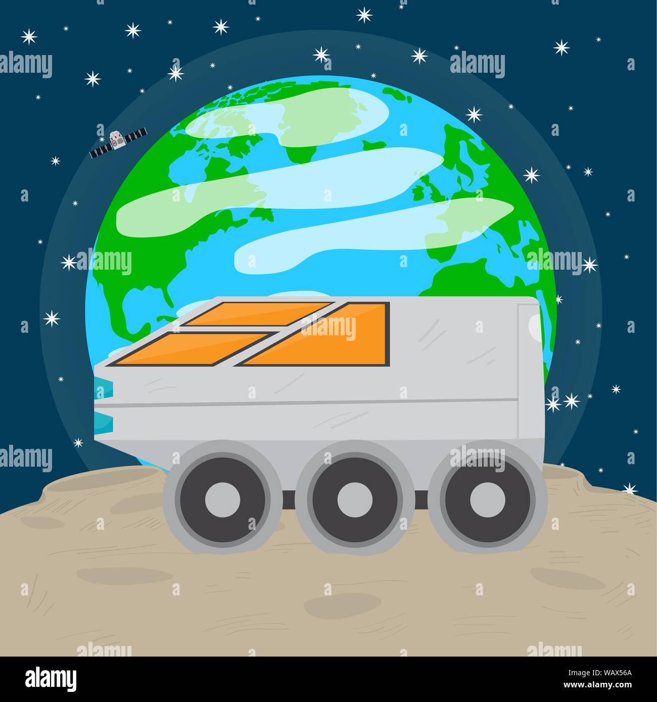 Space rover on the moon with the earth planet and stars - Vector Stock ...