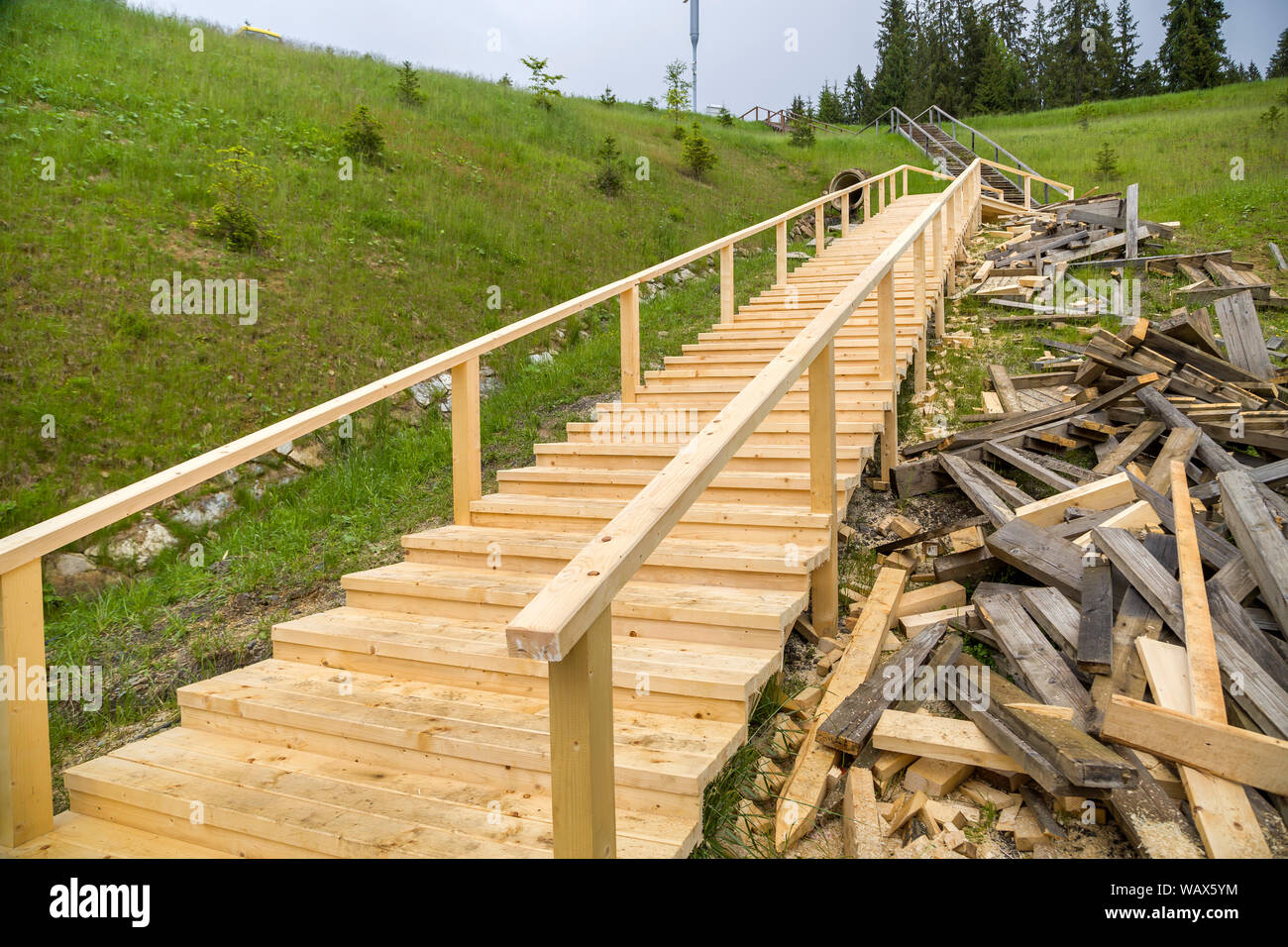 New wooden stairs outdoors. Carpenters work Stock Photo - Alamy