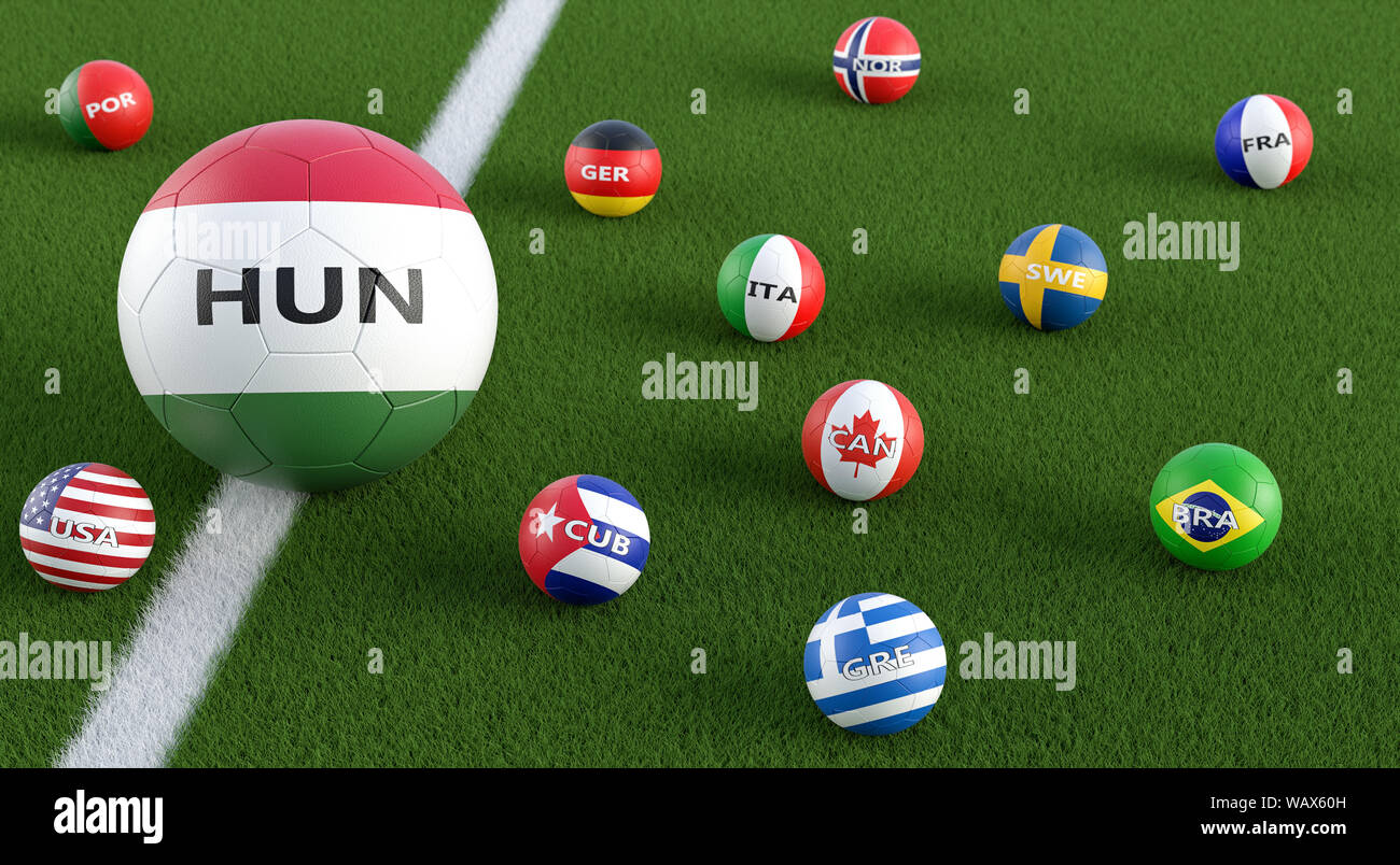 Big Soccer ball in Hungary national colors surrounded by smaller soccer ...