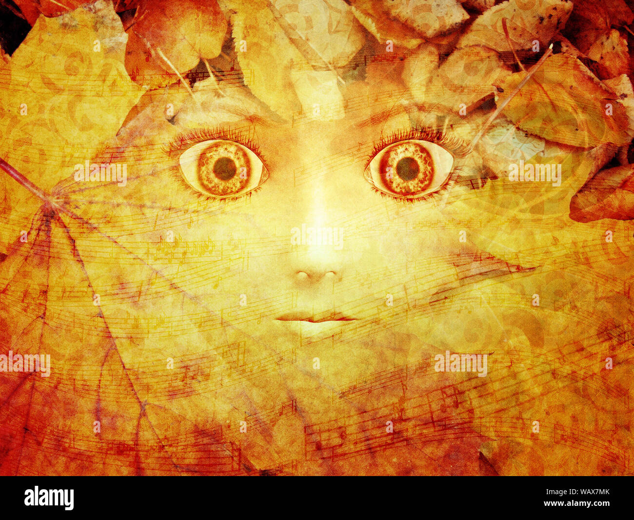 Abstract illustration of autumn leaves background and girl's face Stock ...