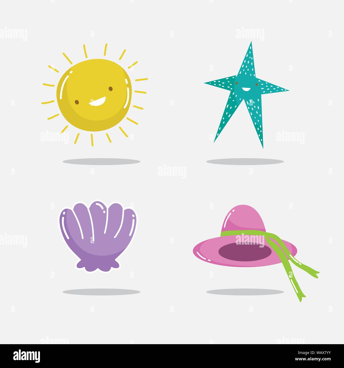 hello summer sun starfish shell and hat cartoon vector illustration ...