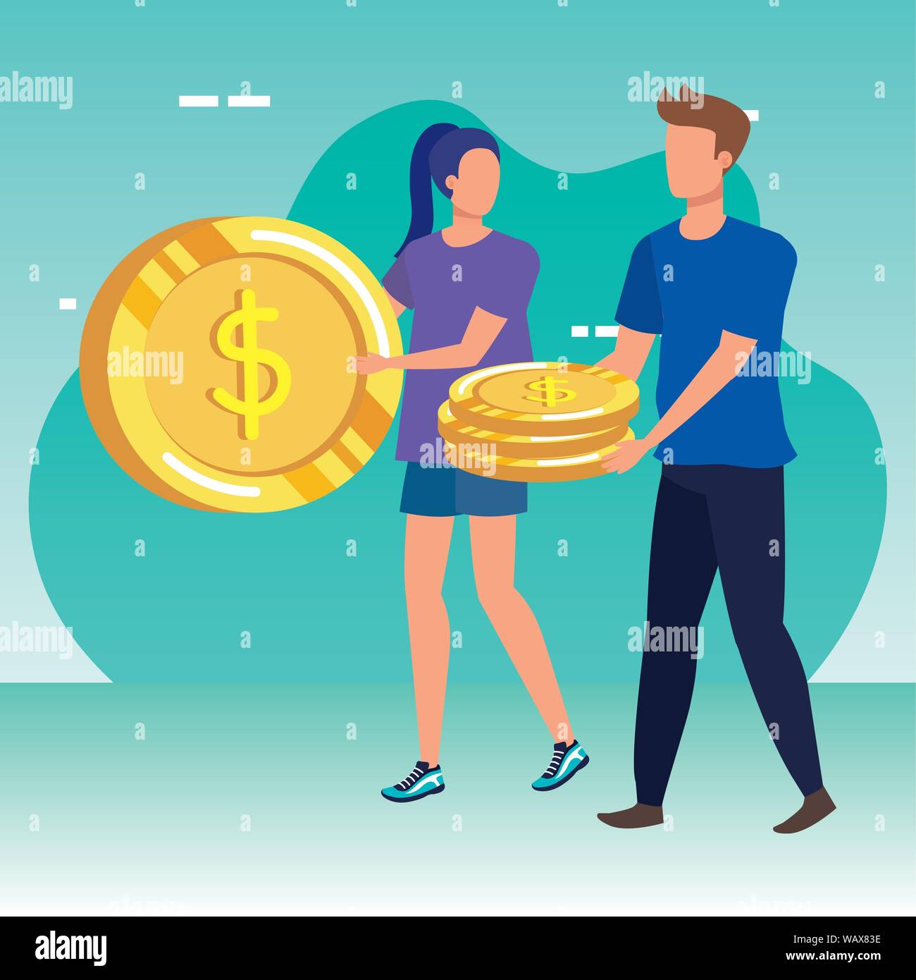young couple with coins money avatars characters Stock Vector Image ...