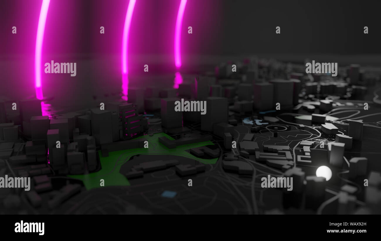 Futuristic night city. Cityscape with bright and glowing neon purple ...