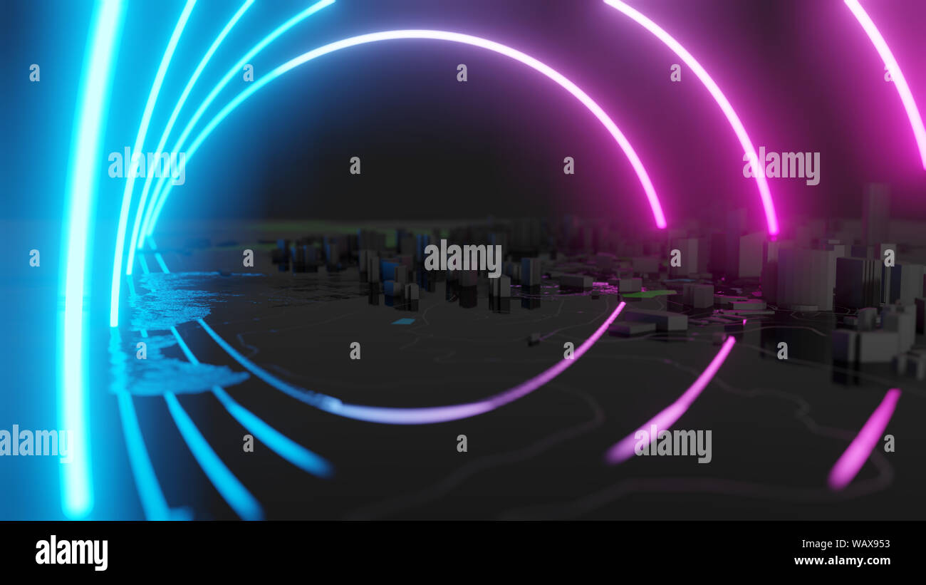 Futuristic night city. Cityscape with bright and glowing neon purple ...