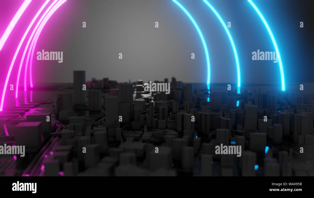 Futuristic night city. Cityscape with bright and glowing neon purple ...