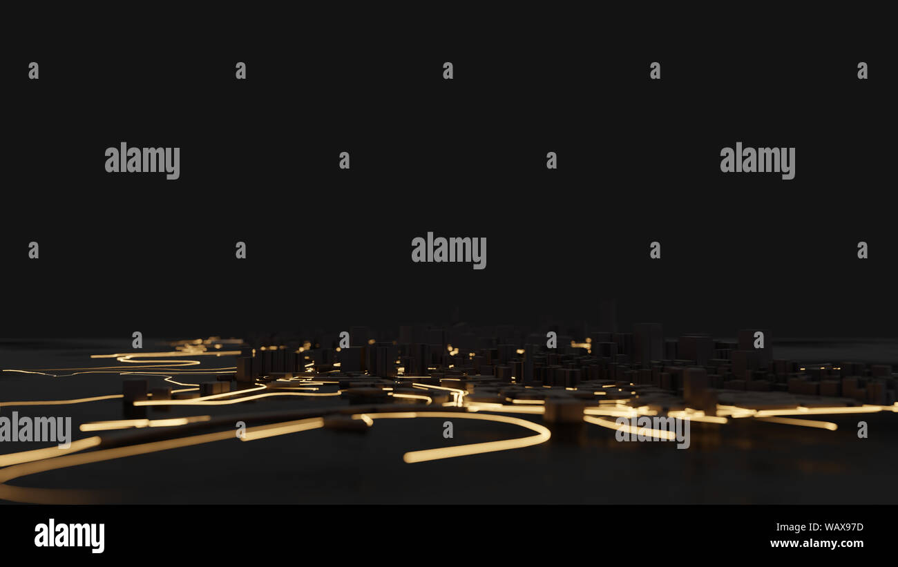 Modern city traffic road at night. Cyberpunk style 3D illustration ...