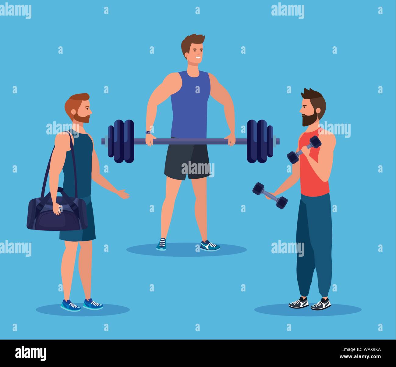 set of fitness men with bag and weight with dumbbells Stock Vector ...