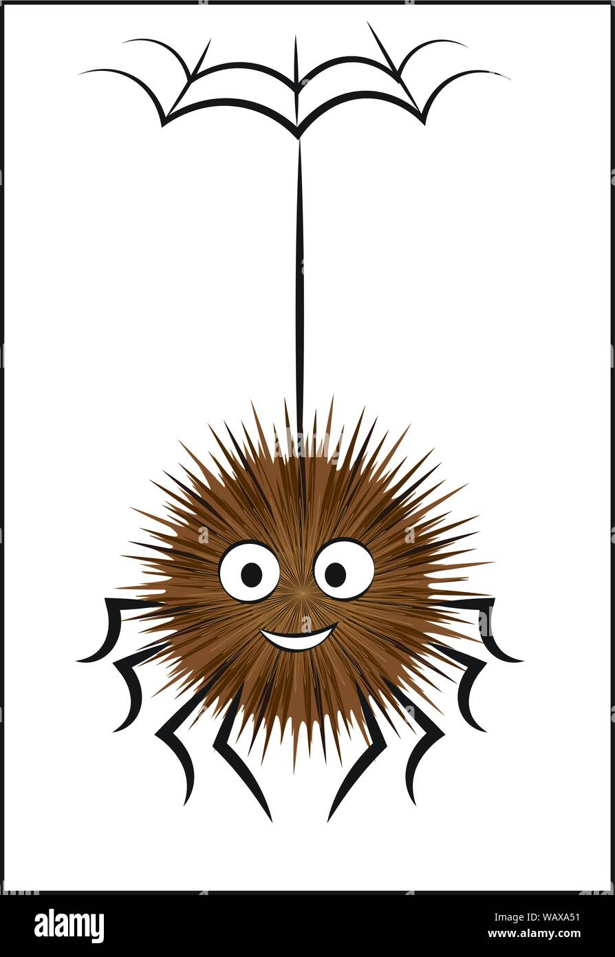 cartoon fluffy smiling spider, hangs on a thread. Can be used for t ...