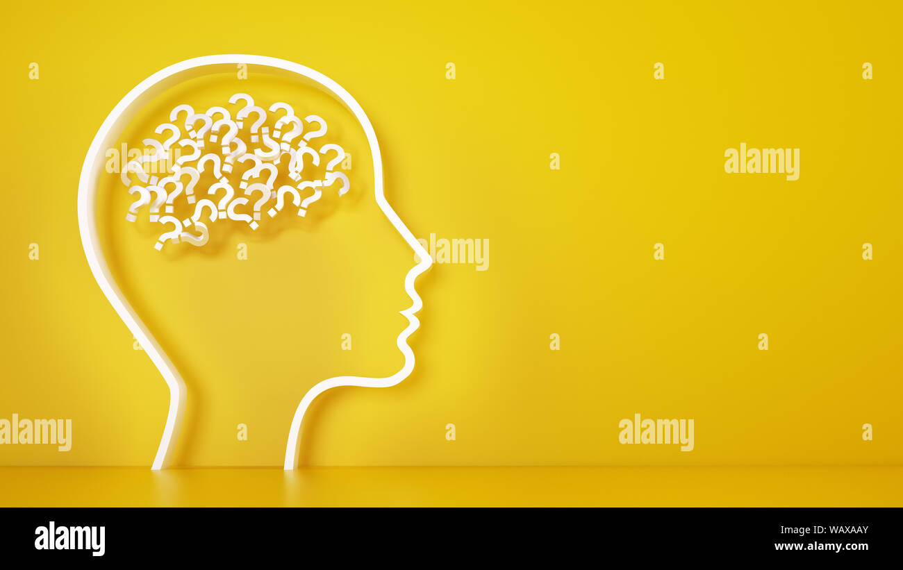 Big head with question marks inside brain on a yellow background. 3D ...