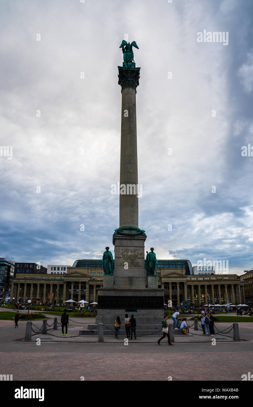Stuttgart, Germany, August 15, 2019, Tall memorial pillar with statue ...
