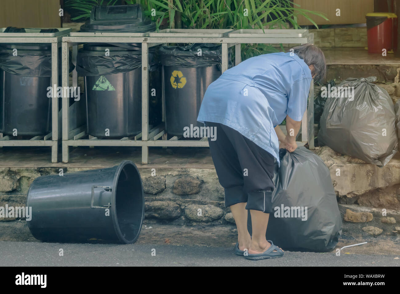 Female worker sort the garbage and packed in black bags for ...