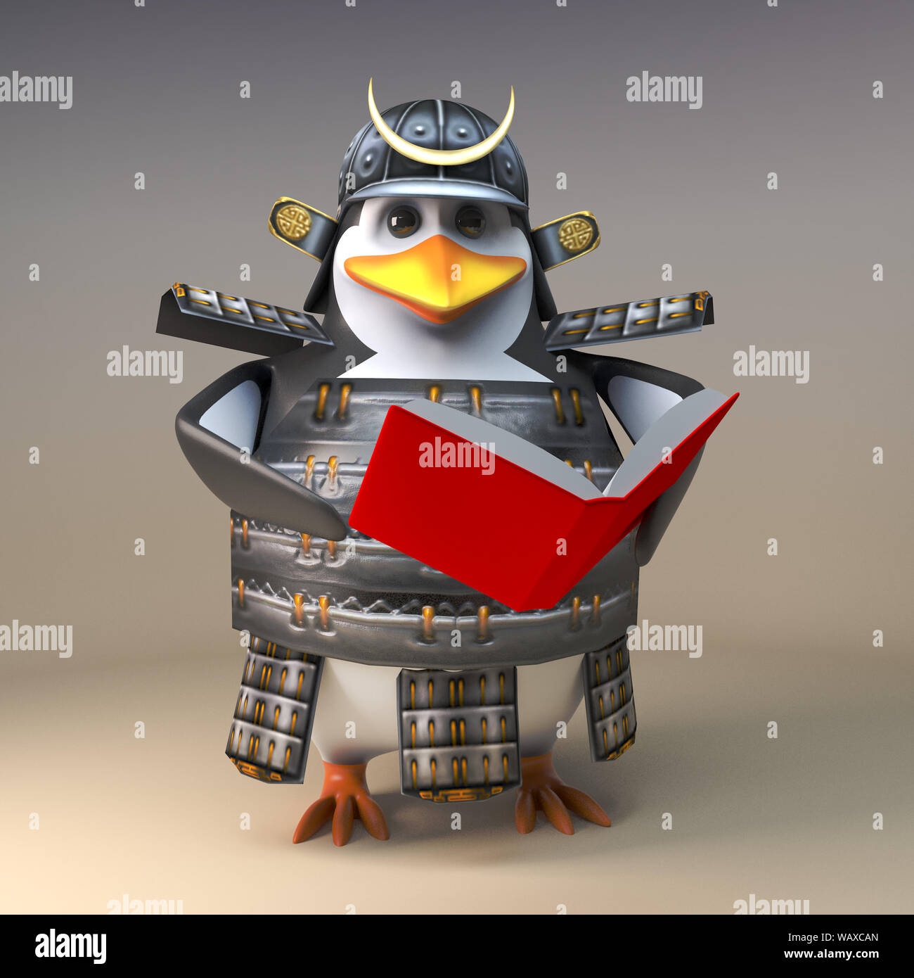 3d warrior samurai penguin character in full armour reading a book, 3d ...
