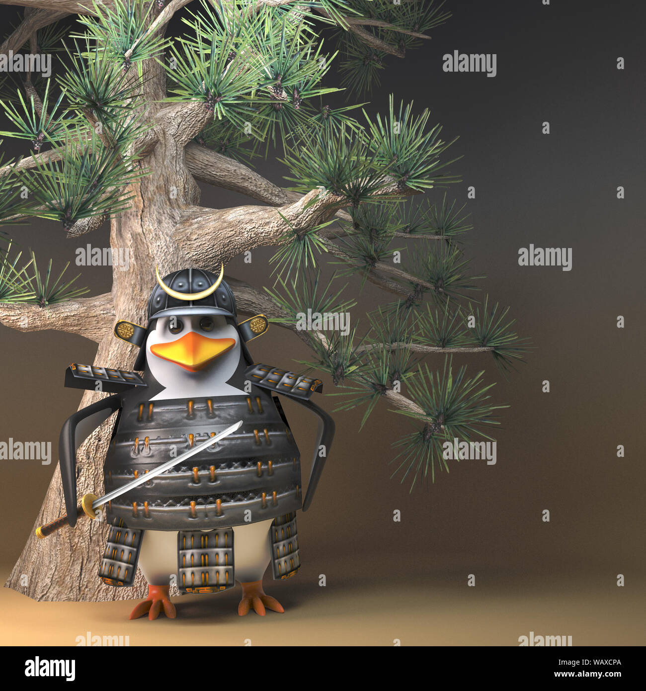 3d penguin samurai warrior character in full armour standing beneath a ...