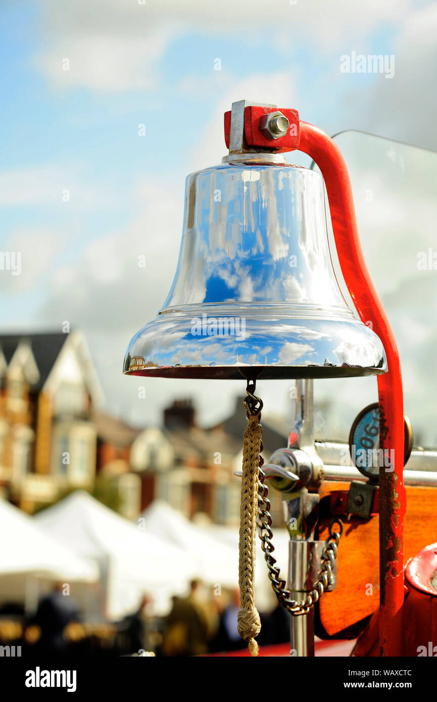 1940s wartime weekend,Lytham,Lancashire,UK. Fire bell attached to a ...