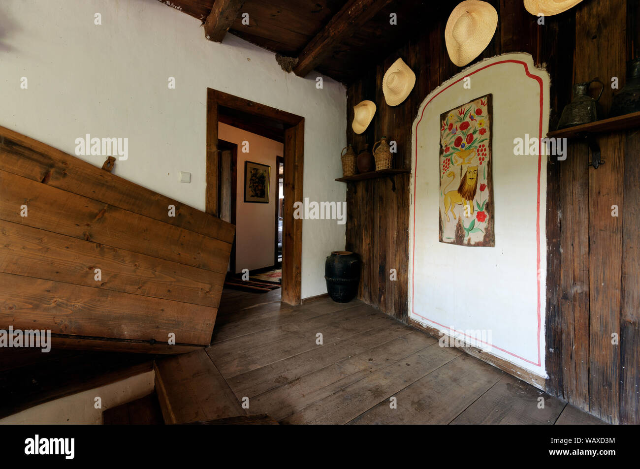 Old unique 18th century interior of traditional Bulgarian timber house ...