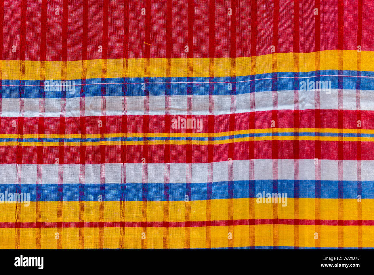 Yellow, red and blue strip cotton Gamcha(Bath towel) Fabrics Close-up ...