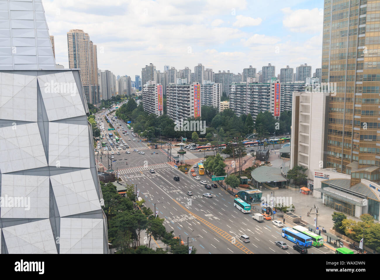 Seoul, Korea - July 10 2019: Aerial view of Jamsil intersection. There ...