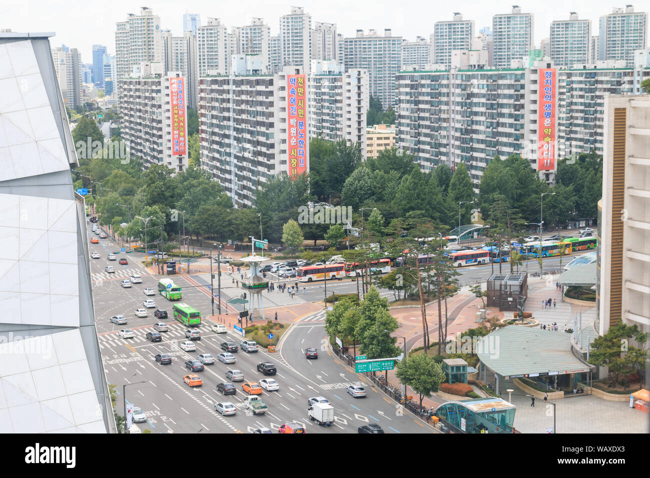 Seoul, Korea - July 10 2019: Aerial view of Jamsil intersection. There ...