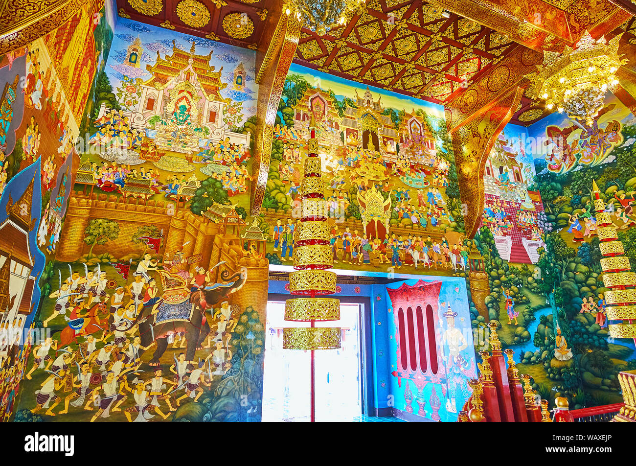 CHIANG MAI, THAILAND - MAY 2, 2019: Traditional Thai paintings on walls ...