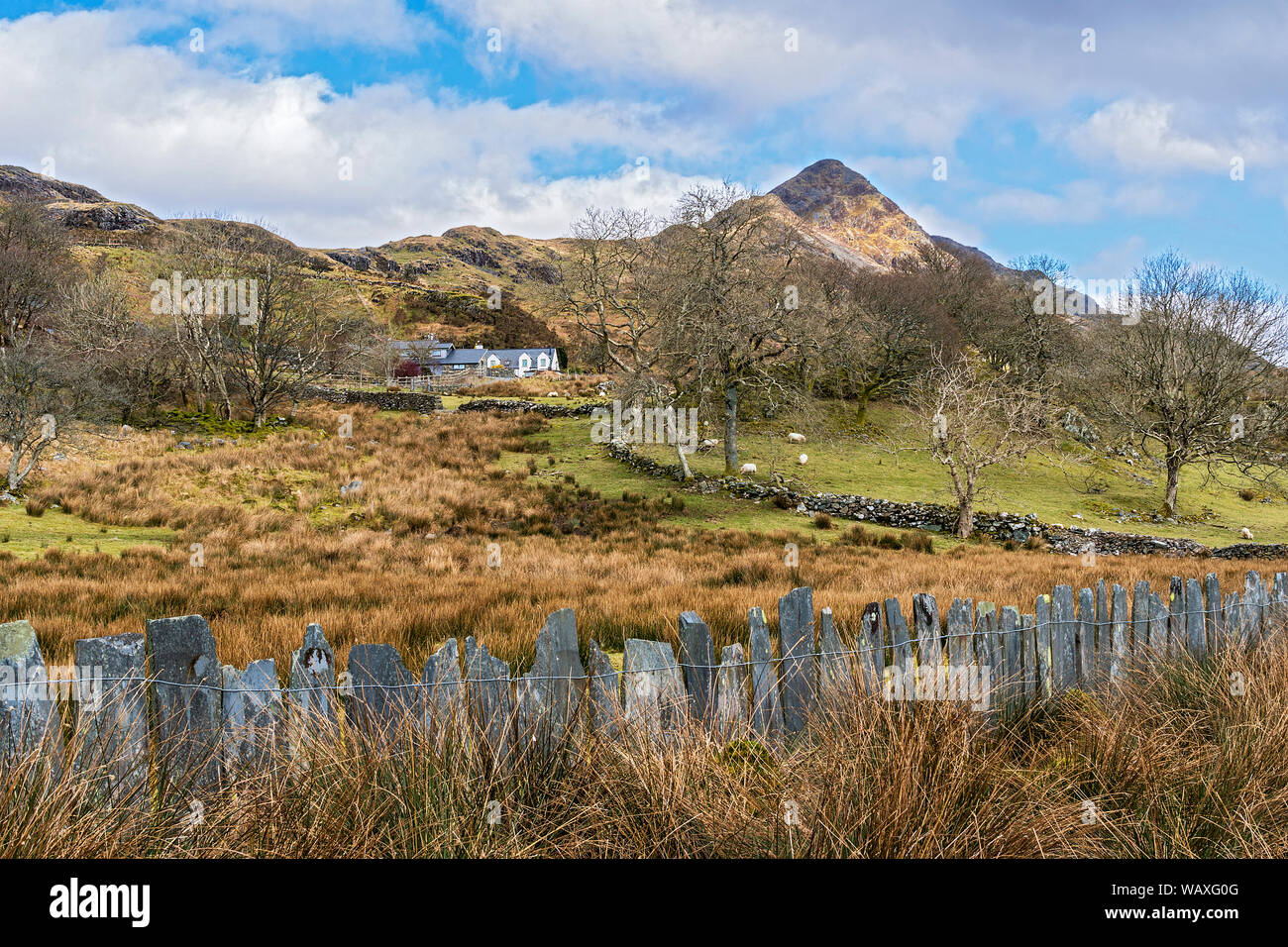 Old slate fence near Creasor Village with Cnicht mountain in the ...