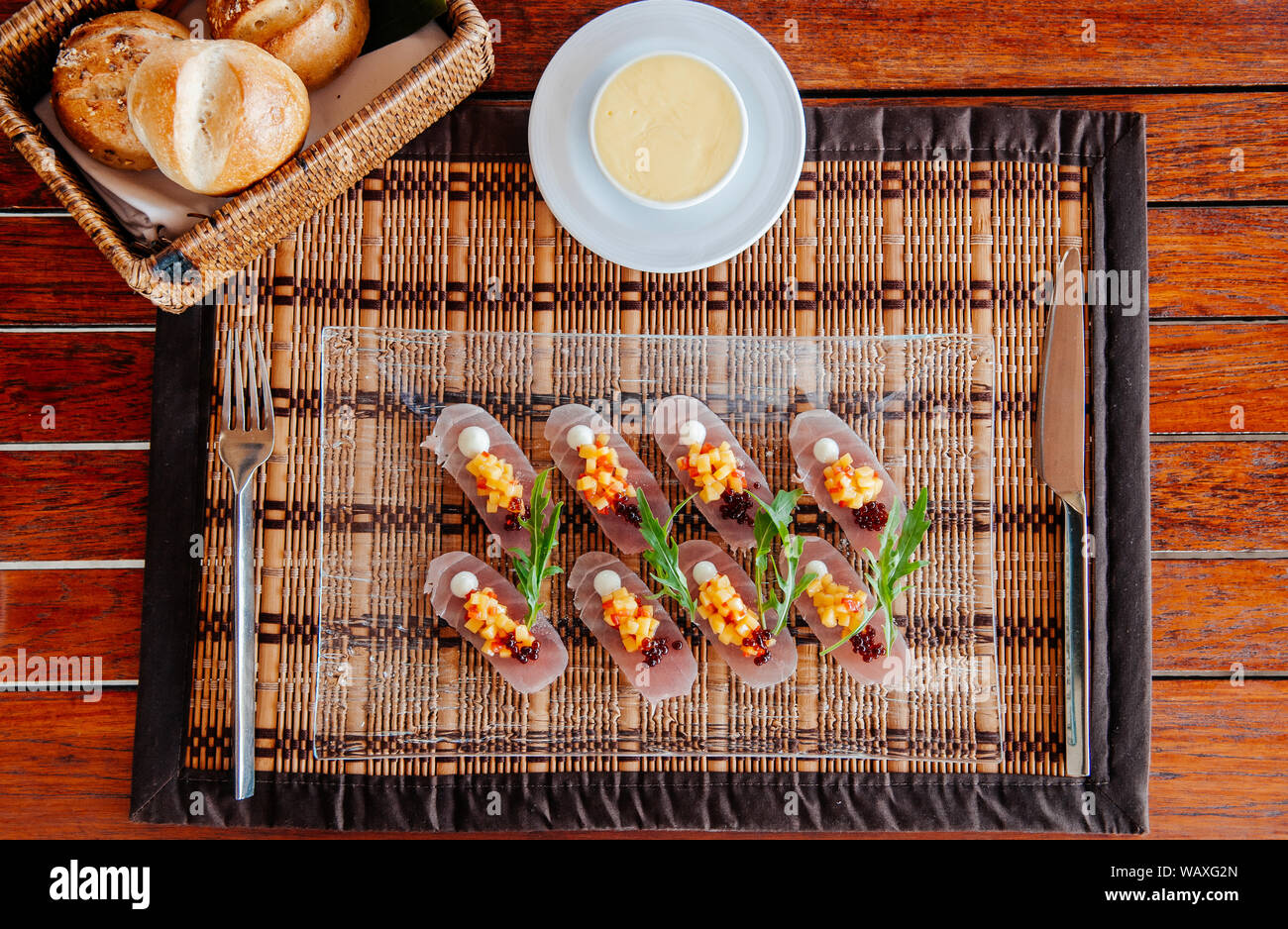 Light healthy appetizer - Fresh snapper Tataki with mango salsa and ...