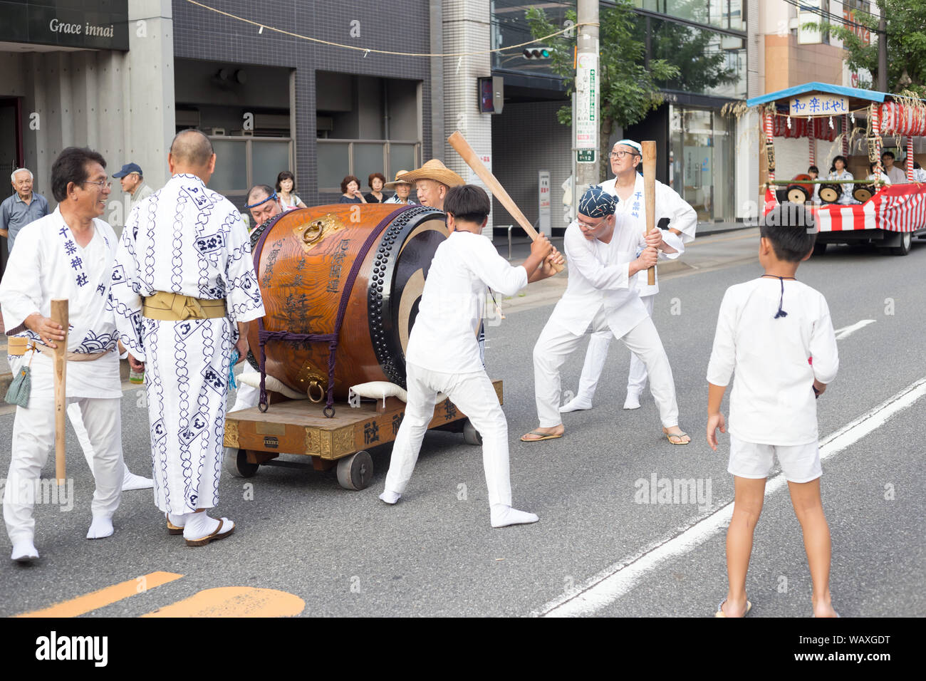 Chiba, Japan, 08/22/2019 , Drummers of the traditional japanese drum ...