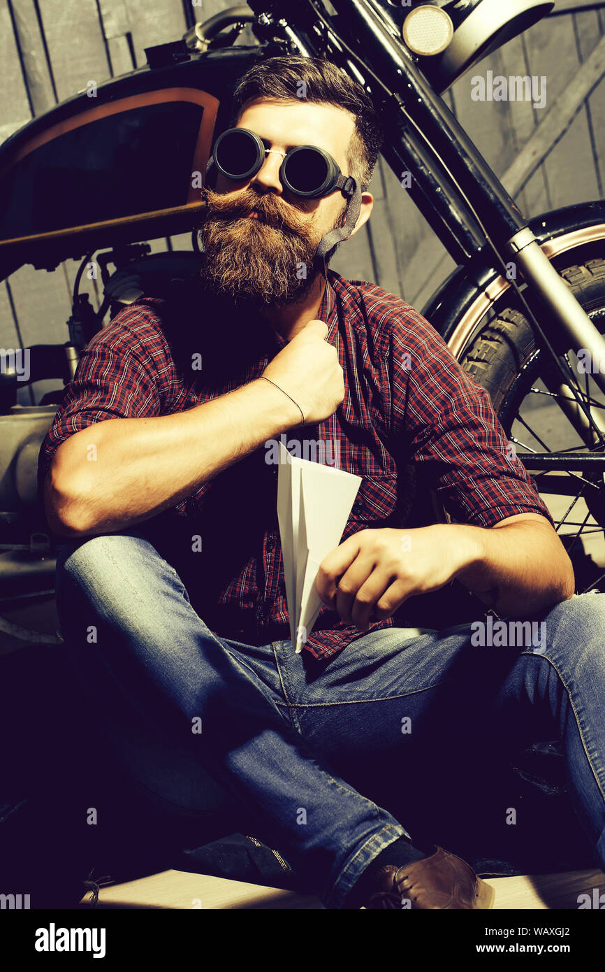 Bearded man hipster biker brutal male with beard and moustache in shirt ...